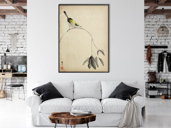 Japanese Yellow Bird and Flower Print Oriental Landscape Ink | Etsy