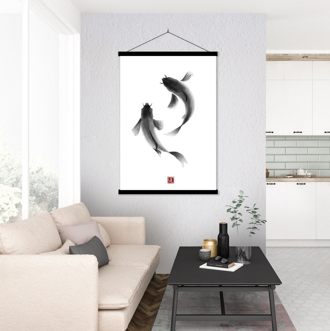 Japanese Sumi E Watercolor Oriental Carp Koi Fish Print, Monochrome ...