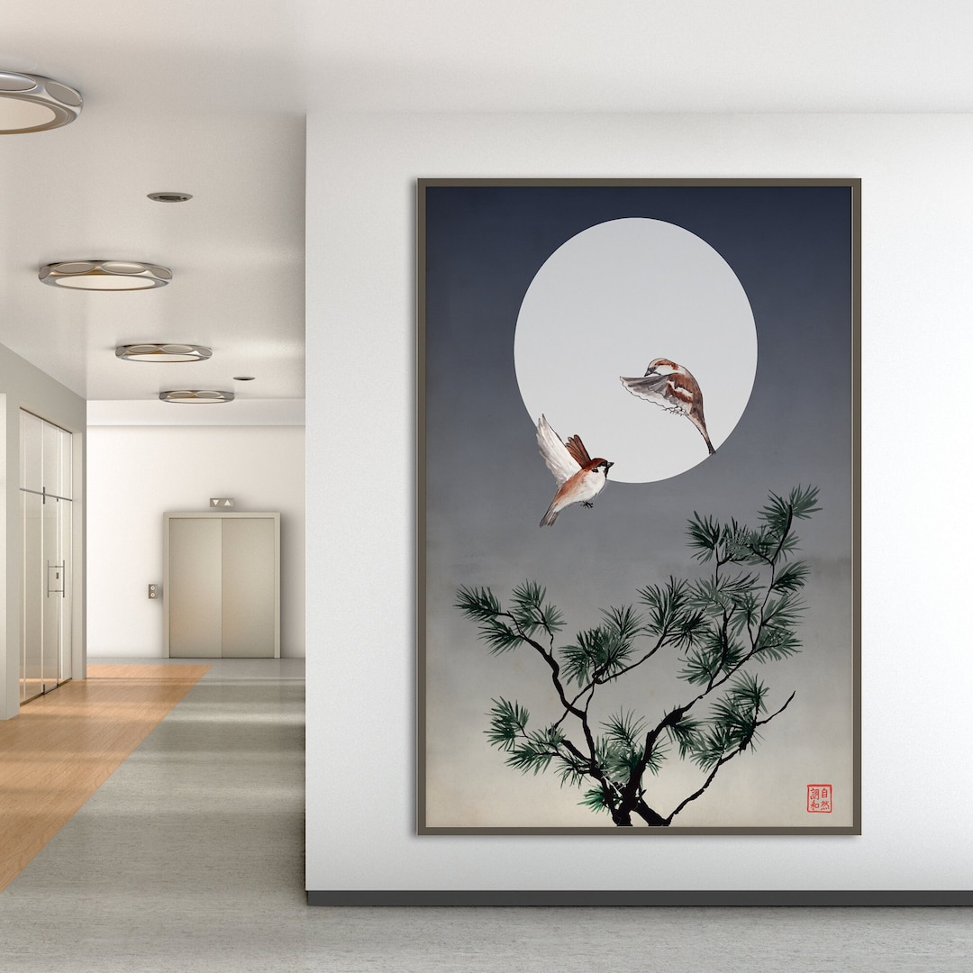Japanese Pine Tree Sparrows Poster Print,oriental Asian Landscape ...