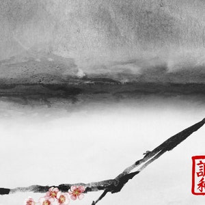 Japanese Mont Fuji Sakura Cherry Blossom Print, Oriental Landscape Ink ...