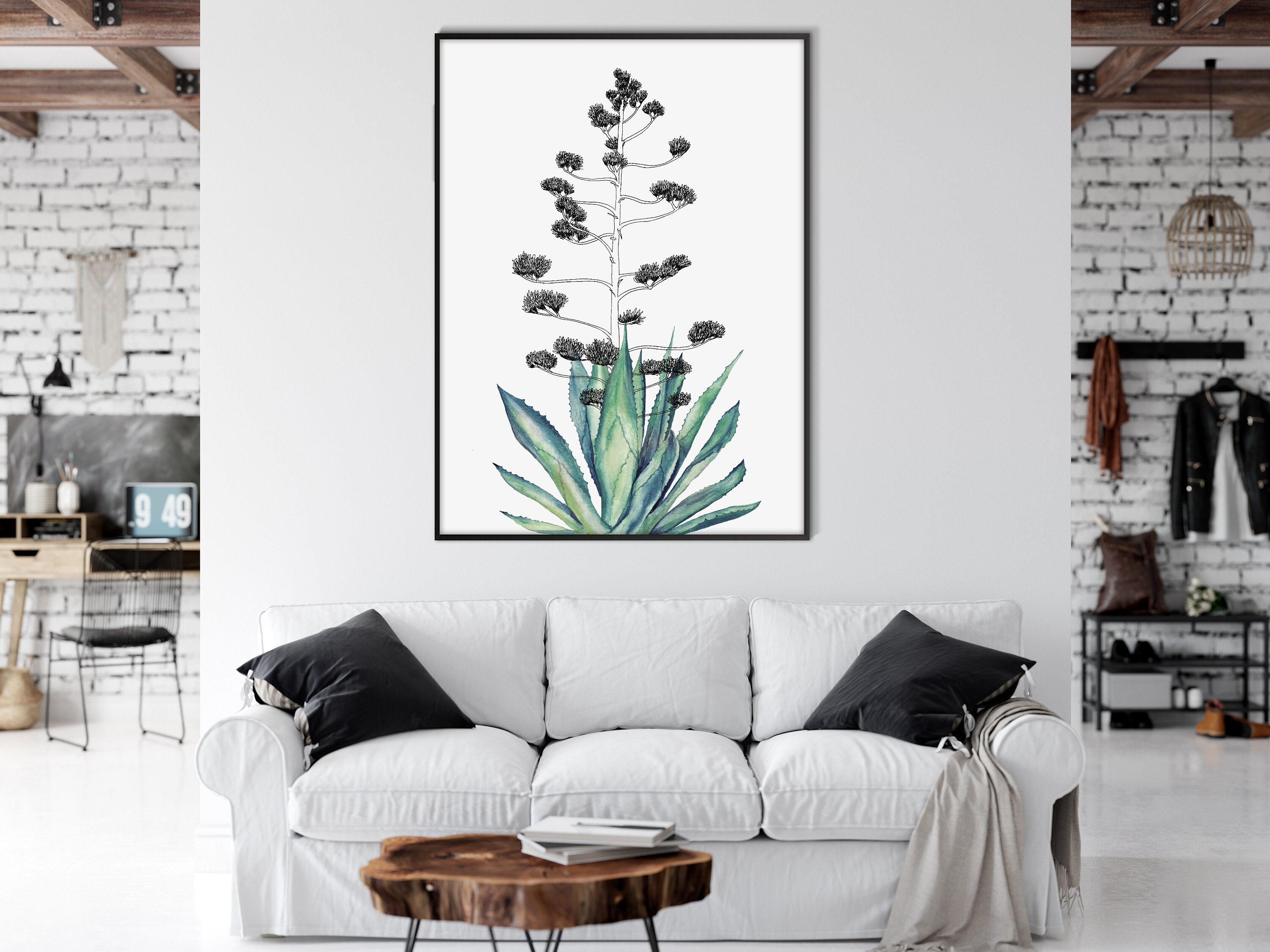Agave Maguey Cactus Poster Print, Cactus Drawing Ink Watercolor Blue ...