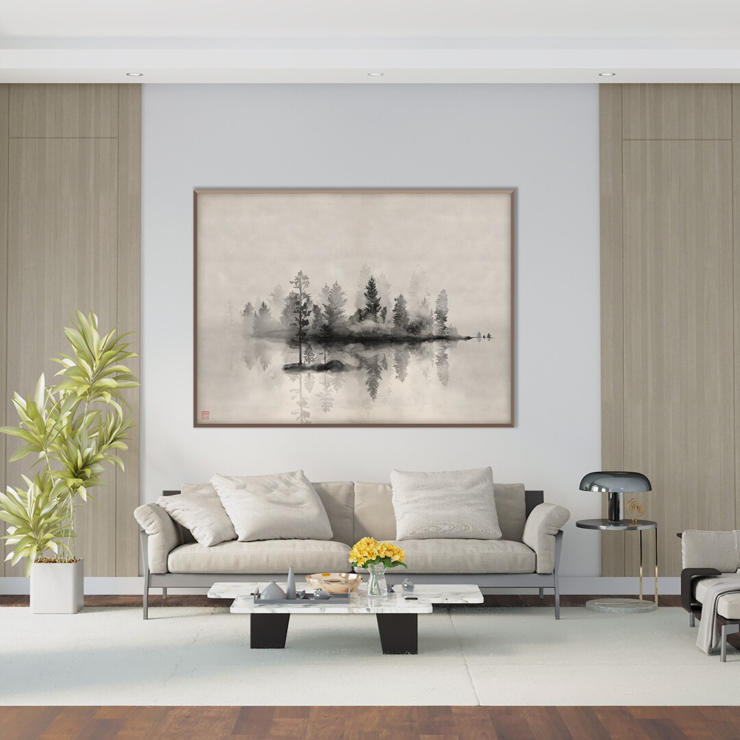 Japanese Oriental Trees Mist Landscape Wall Art Print, Ink Watercolor ...