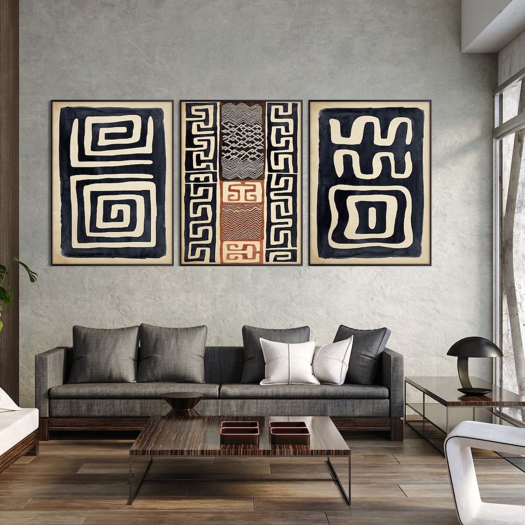Set of Three African Art Print, Ethnic Tribal Black Beige Wall Art ...