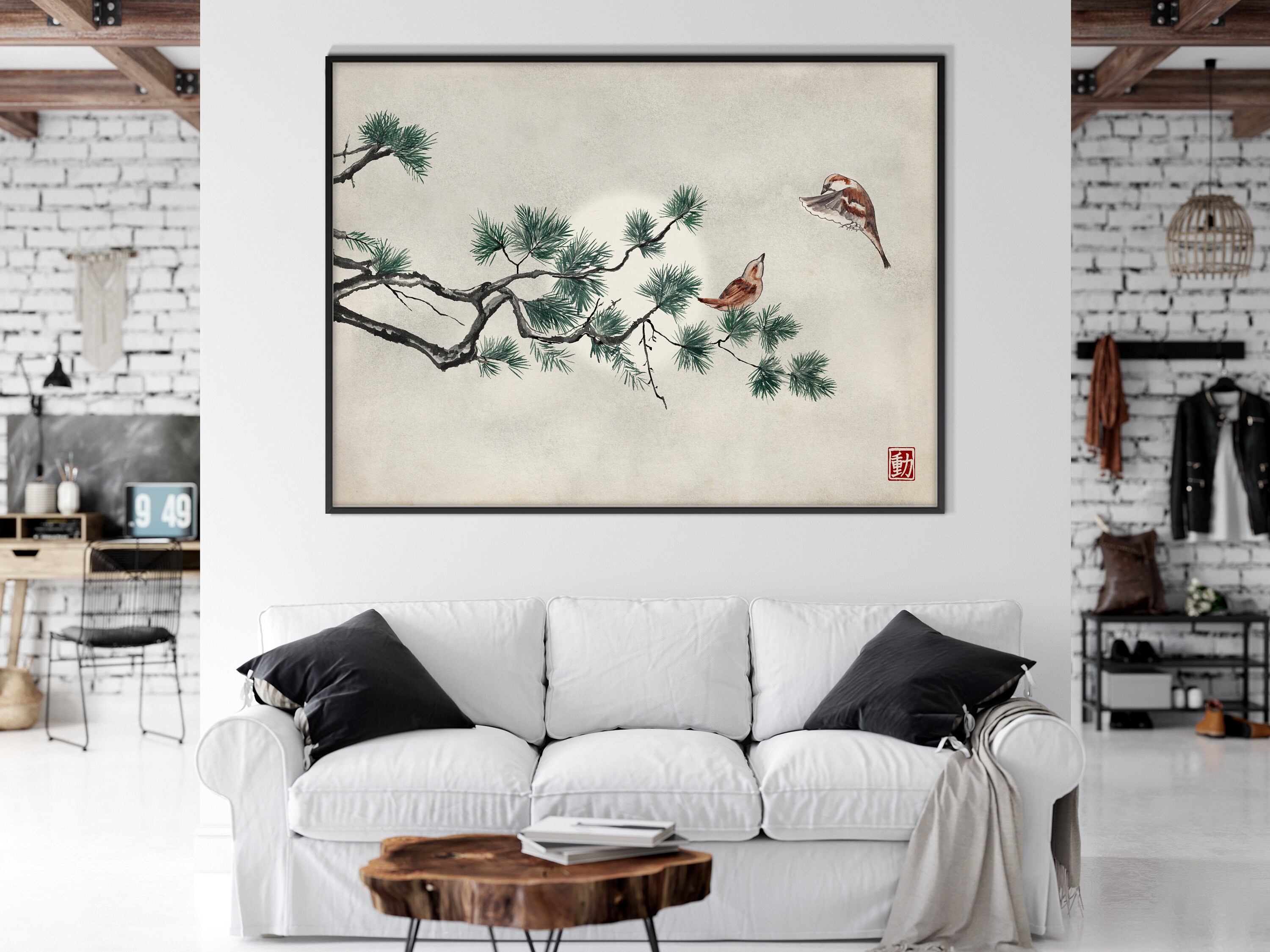 Japanese Pine Tree and Sparrows Print Oriental Asian | Etsy