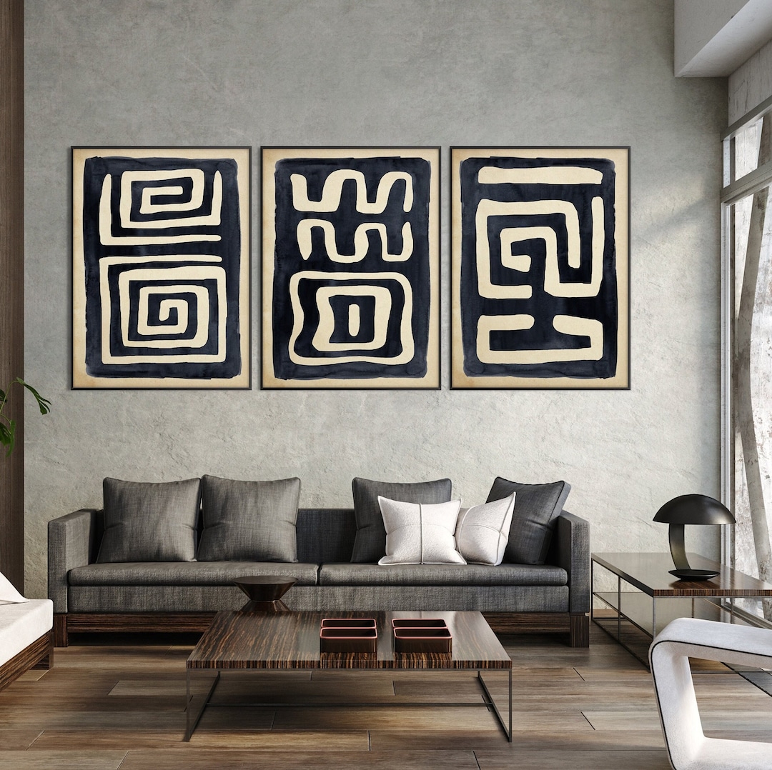 Set of Three African Art Print, Ethnic Tribal Black Beige Wall Art ...
