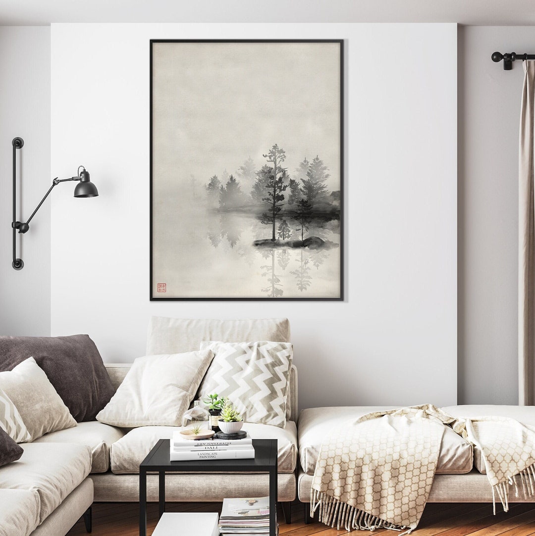 Japanese Oriental Trees Mist Landscape Print, Monochrome Ink Watercolor ...