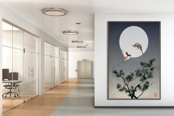 Japanese Pine Tree Sparrows Poster Printoriental Asian - Etsy