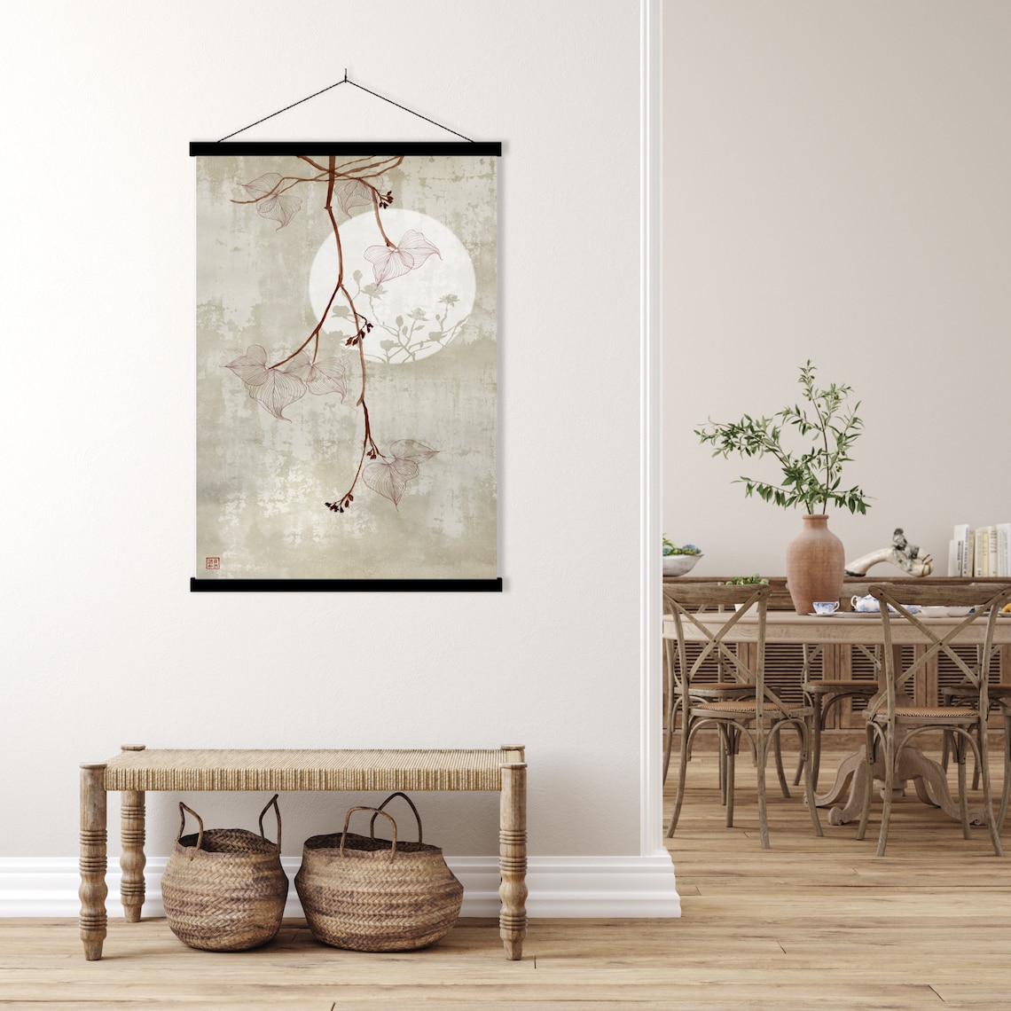 Japanese Oriental Leaves and Moon Landscape Print, Asian Monochrome Ink ...