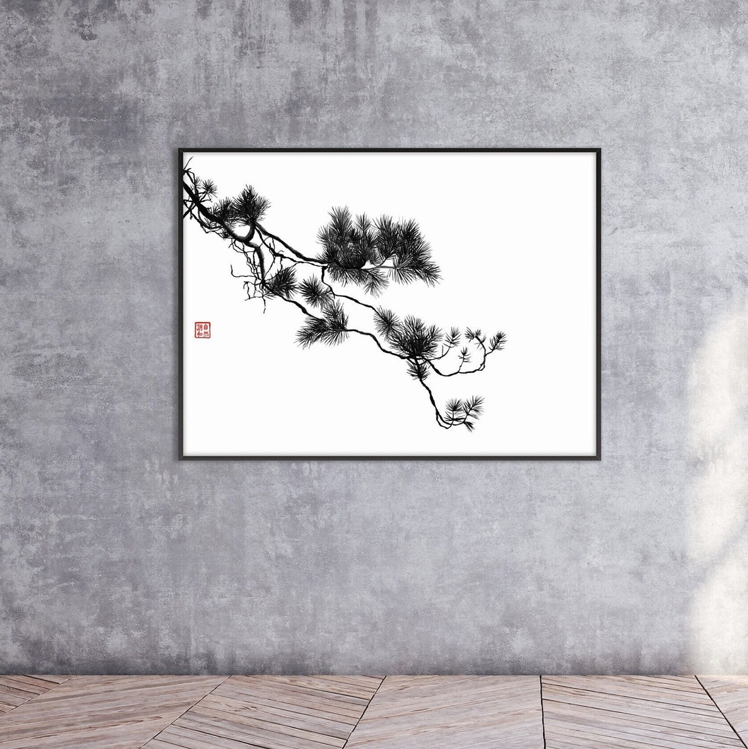 Japanese Sumi E Pine Tree Branches Print,oriental Asian Landscape Ink ...