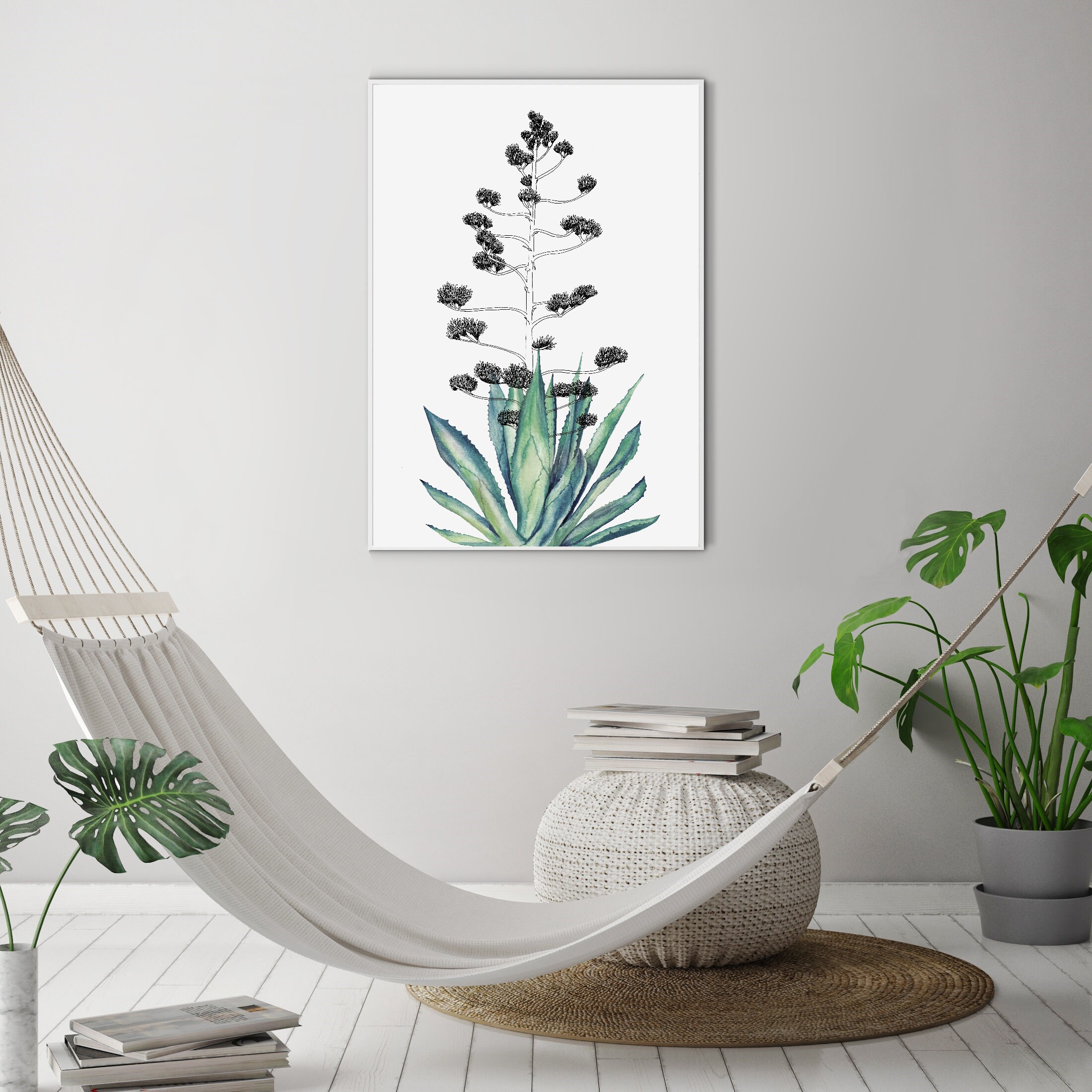 Agave Maguey Cactus Poster Print, Cactus Drawing Ink Watercolor Blue ...