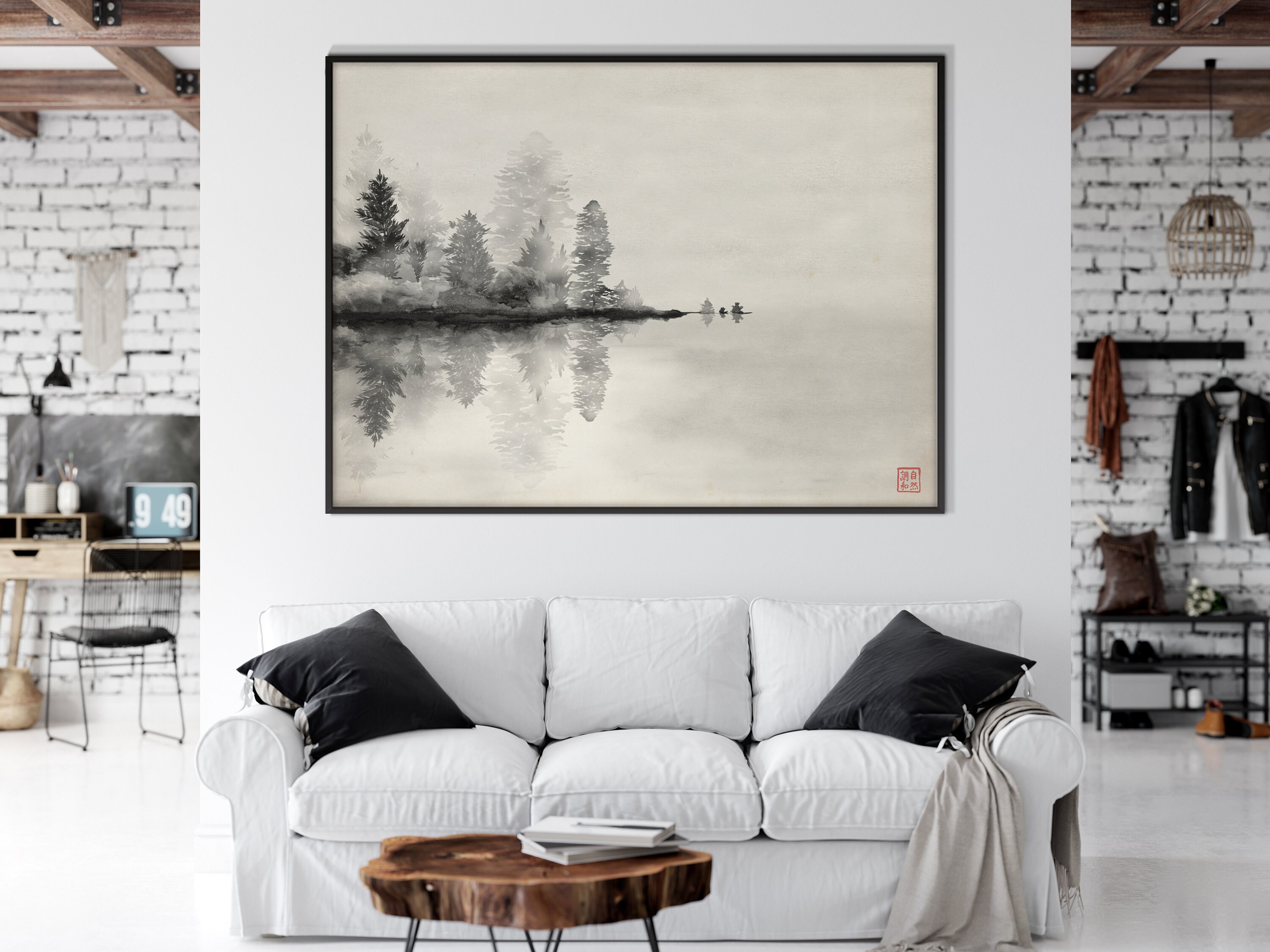 Japanese Oriental Trees Mist Landscape Print Monochrome Ink | Etsy UK