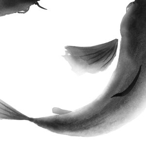 Japanese Sumi E Watercolor Oriental Carp Koi Fish Print, Monochrome ...