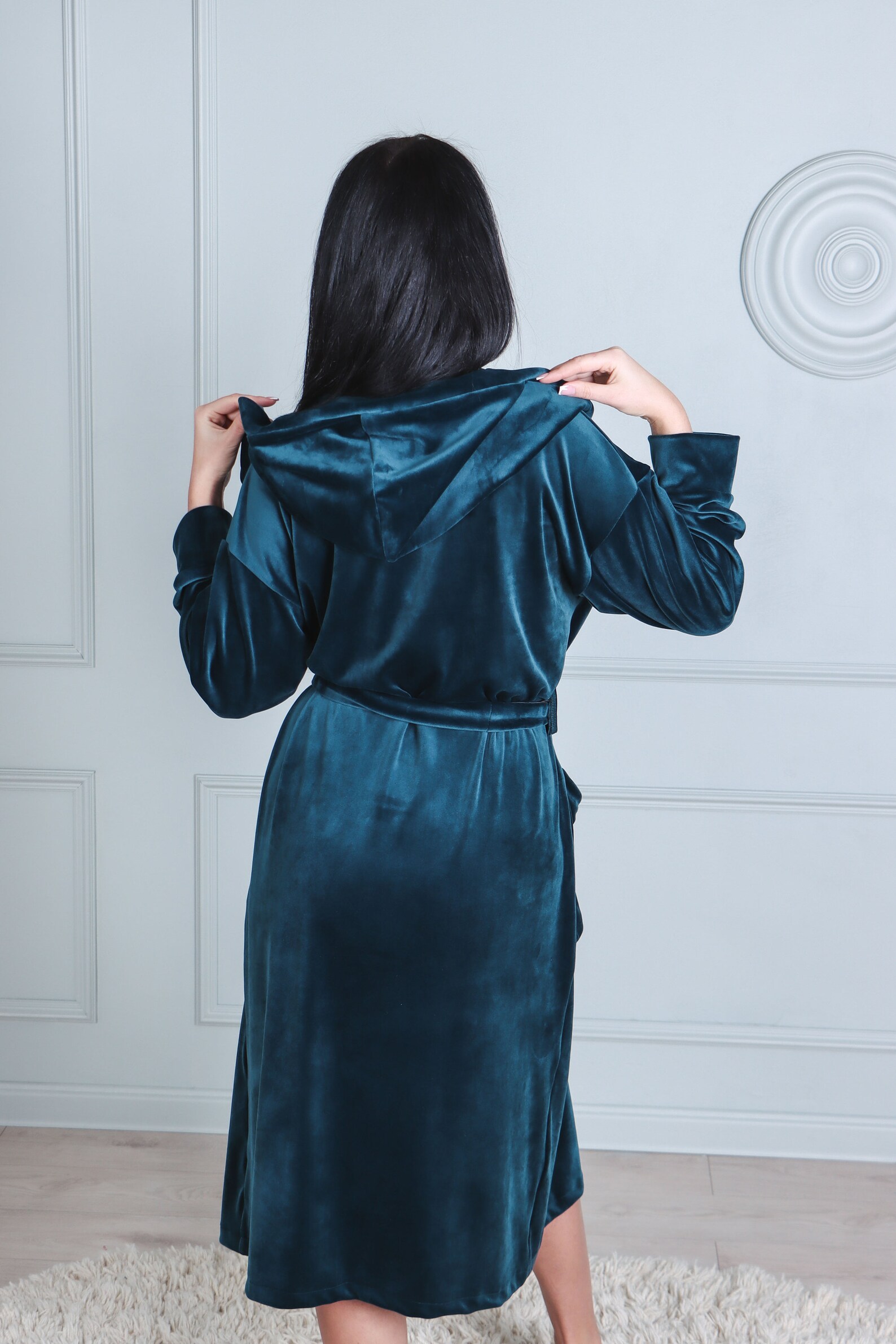 Velvet Hooded Robe Teal Velour Dressing Gown Luxury House Coat Plush ...