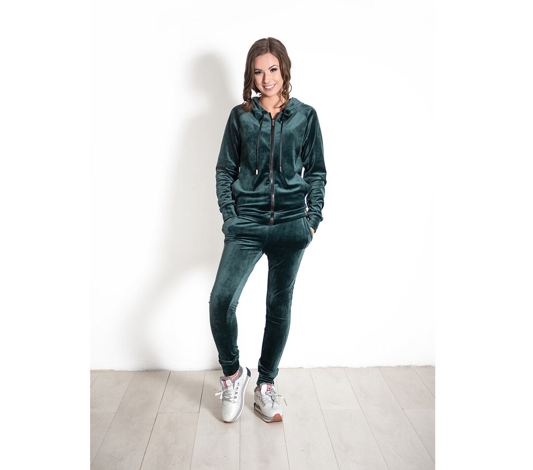 Zip up Hoodie Tracksuit Green Velvet Two Piece Set Plush Velvet Jogger ...