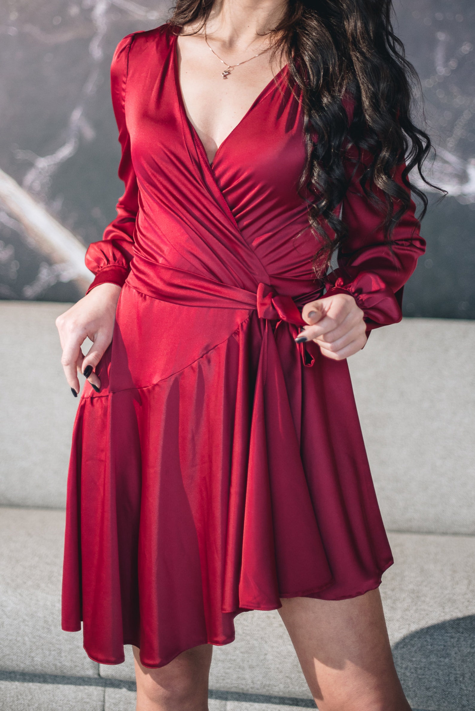 Red Silk Cocktail Dress A Line V Neck Long Sleeve Bridesmaid Etsy