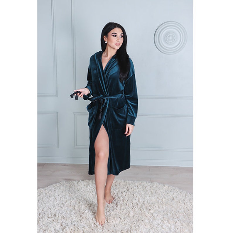 Velvet Hooded Robe Teal Velour Dressing Gown Luxury House Coat Plush ...