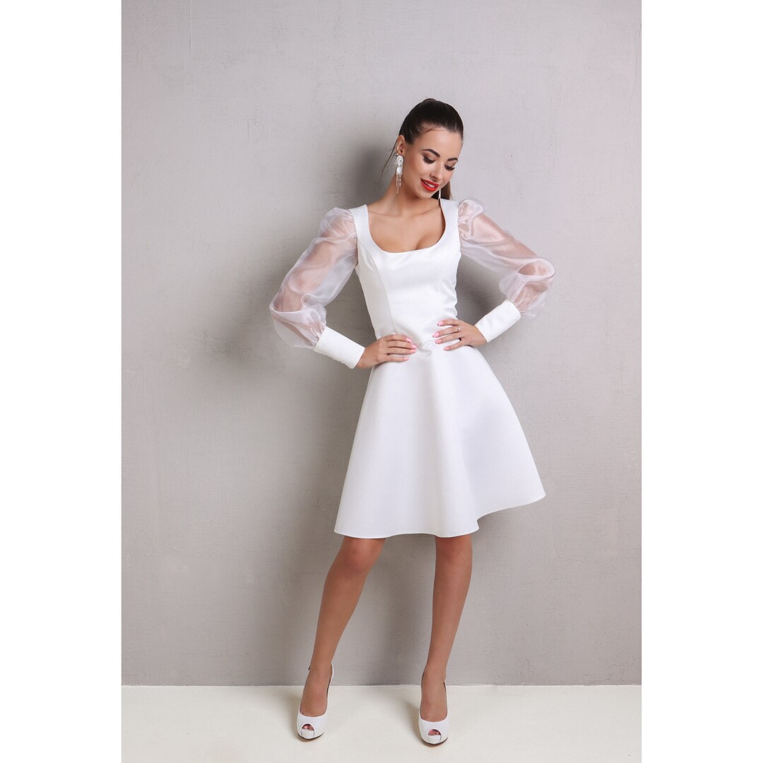 White A Line Dress Cuffed See Through Sleeves Short Evening - Etsy