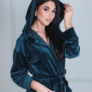 Velvet Hooded Robe Teal Velour Dressing Gown Luxury House Coat Plush ...