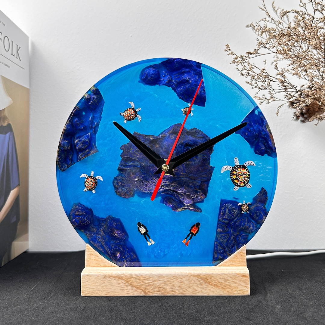 Handmade Gift, Desk Lamp Clock Sea Turtle Deep Blue Sea, Wood Resin ...