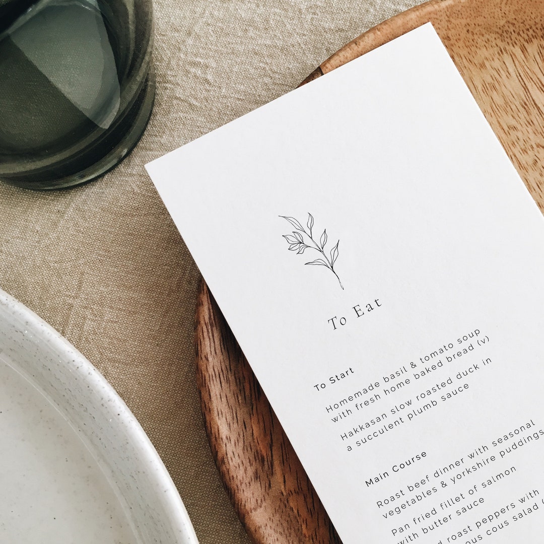Wedding Menu Cards Place Setting, Botanical Menu Cards, Simple Menu ...