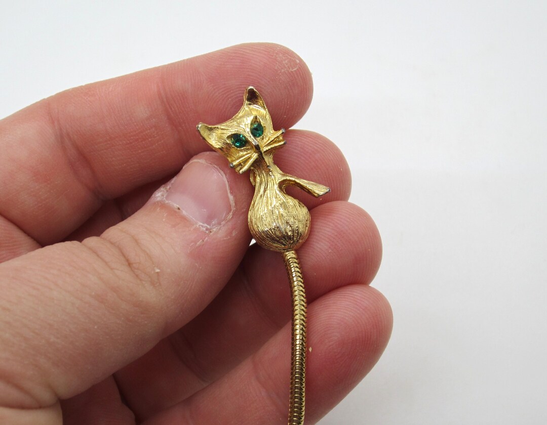 Vintage Cat Pin With Green Rhinestone Eyes - Etsy