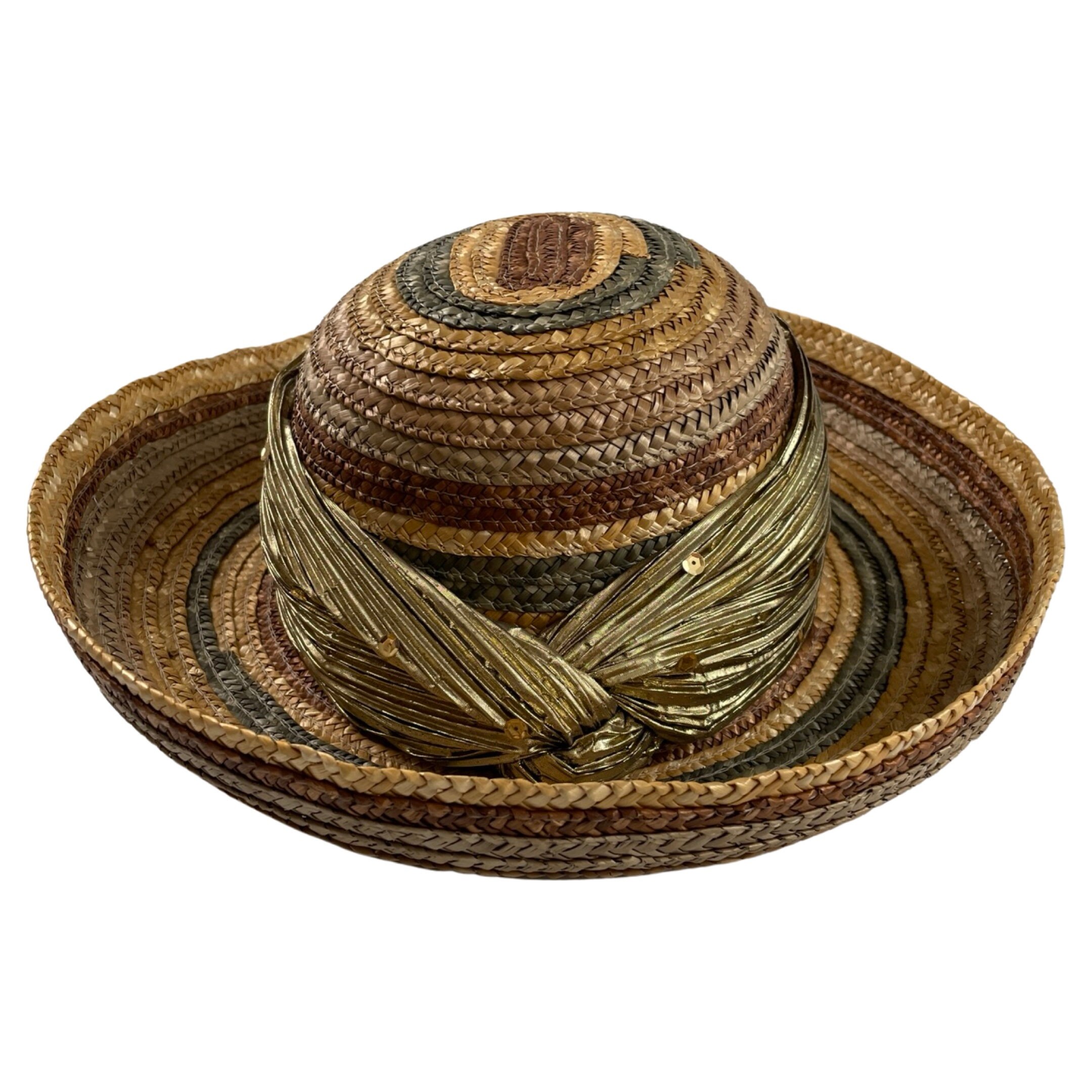 Vintage Fancy Straw Hat, Tan Brown & Gray Srtriped Hat , Brimmed Womens ...