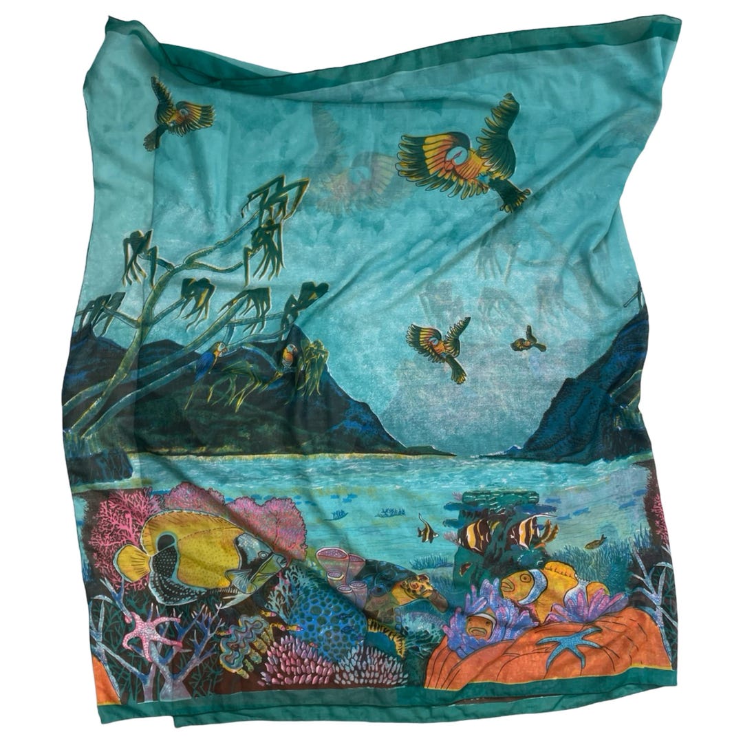 Vintage Tropical Scarf, Fish Ocean Parrots Detailed Print Scarf Wrap ...