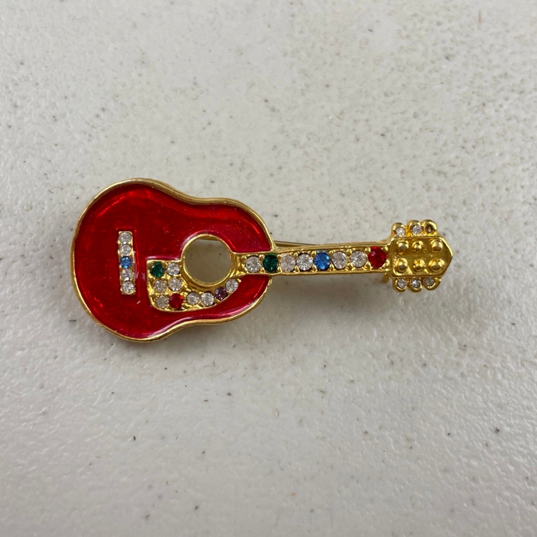 Vintage Guitar Pin, Red W/ Crystals Guitar Pin, 1990s Enamel and ...