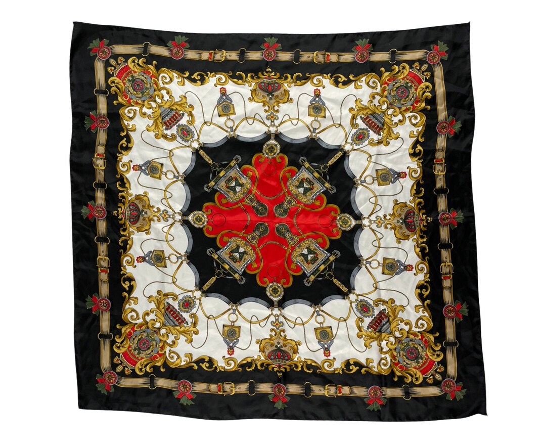 Vintage Scarf Chain Print , 1990s Large Square Preppy Red Black Print ...