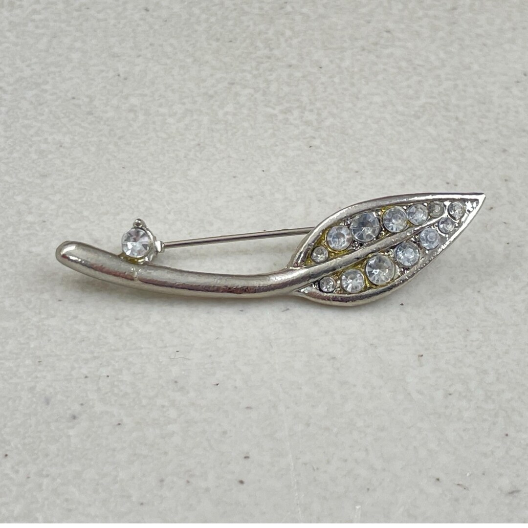 Vintage Leaf Pin : Silver Metal W/ Rhinestones Elegant Lapel Brooch ...