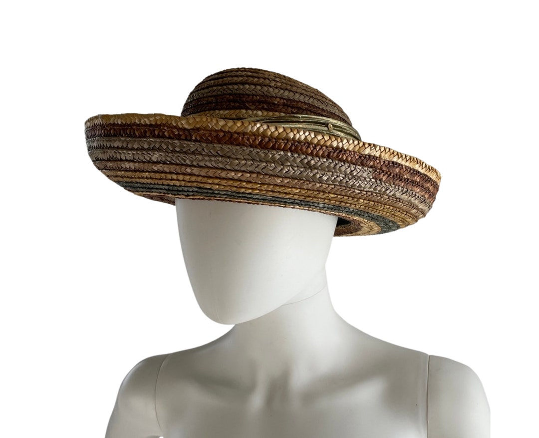 Vintage Fancy Straw Hat, Tan Brown & Gray Srtriped Hat , Brimmed Womens ...