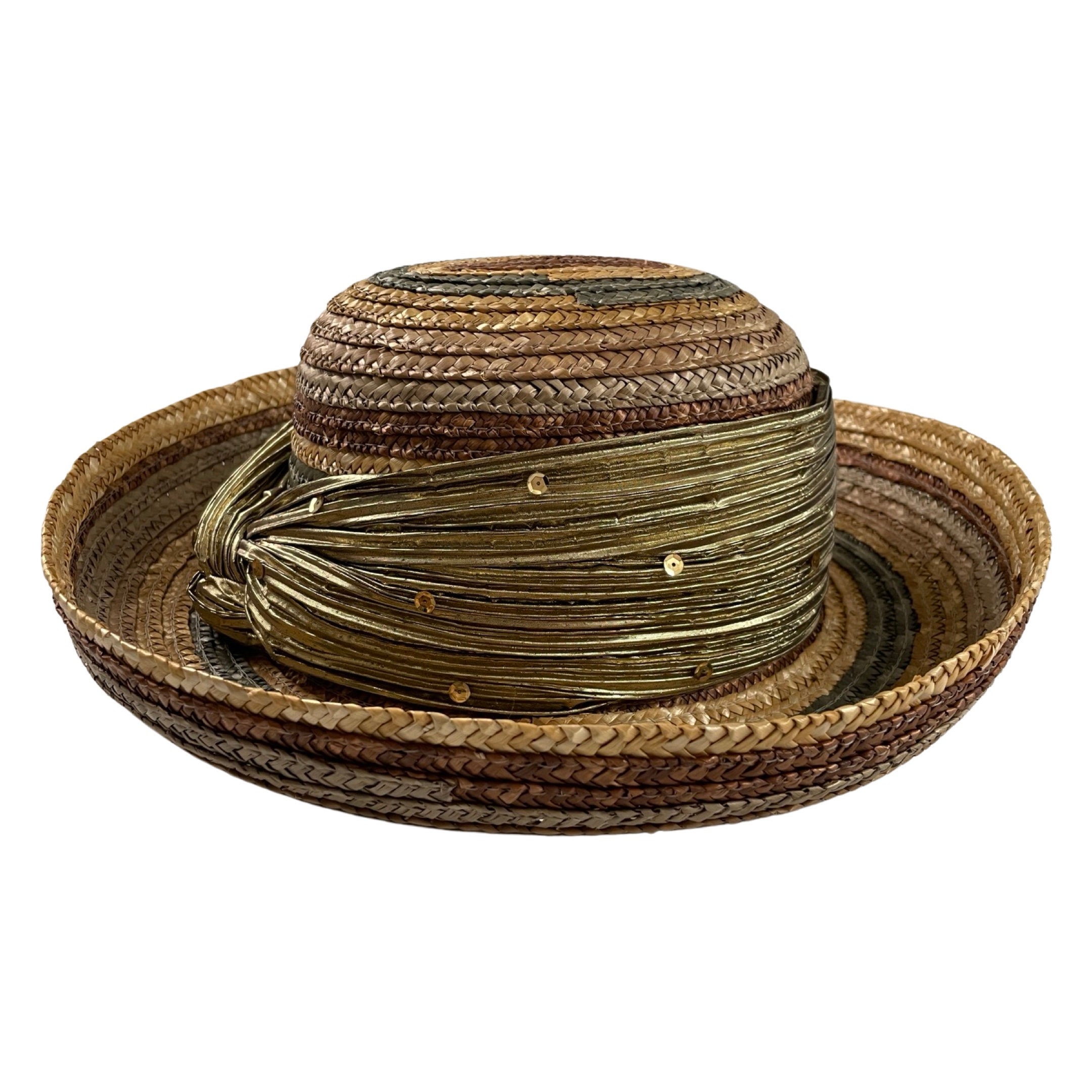 Vintage Fancy Straw Hat, Tan Brown & Gray Srtriped Hat , Brimmed Womens ...