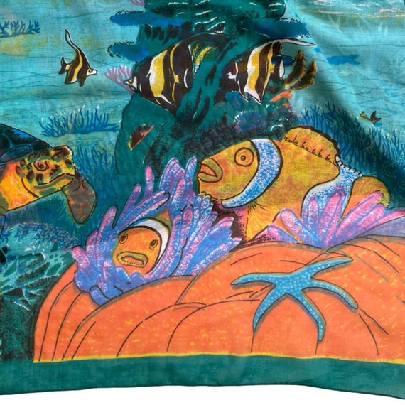 Vintage Tropical Scarf, Fish Ocean Parrots Detailed P… - Gem