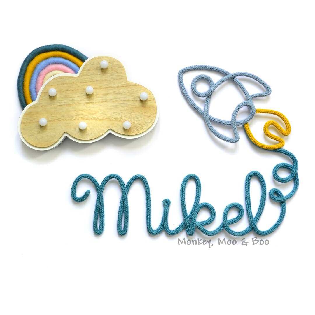 Tricotin Custom Nursery Name Sign With Rocket Wire & Wool - Etsy