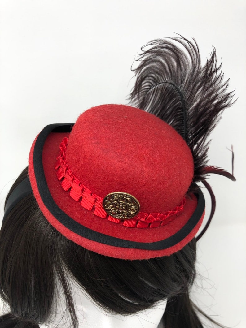 Red Mini Bowler Hat Fascinator With Feathers, Gold Button, Ribbon ...