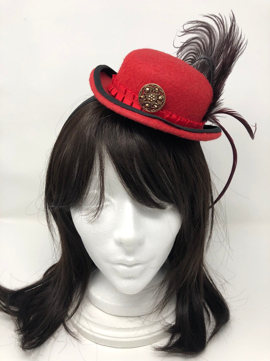 Red Mini Bowler Hat Fascinator With Feathers, Gold Button, Ribbon ...