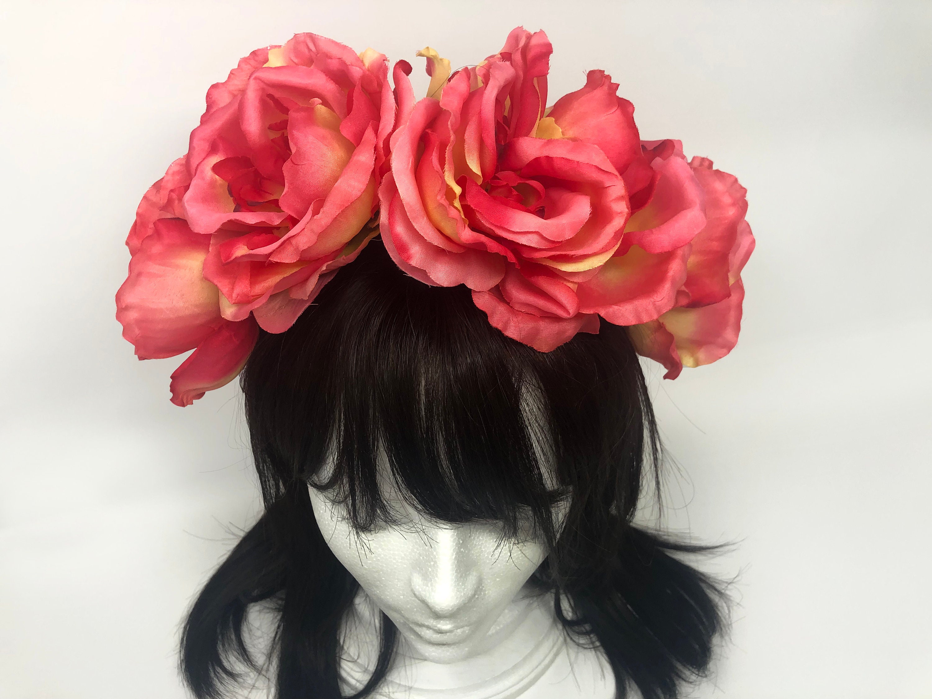 Large Pink Rose Flower Crown Satin-wrapped Headband - Etsy