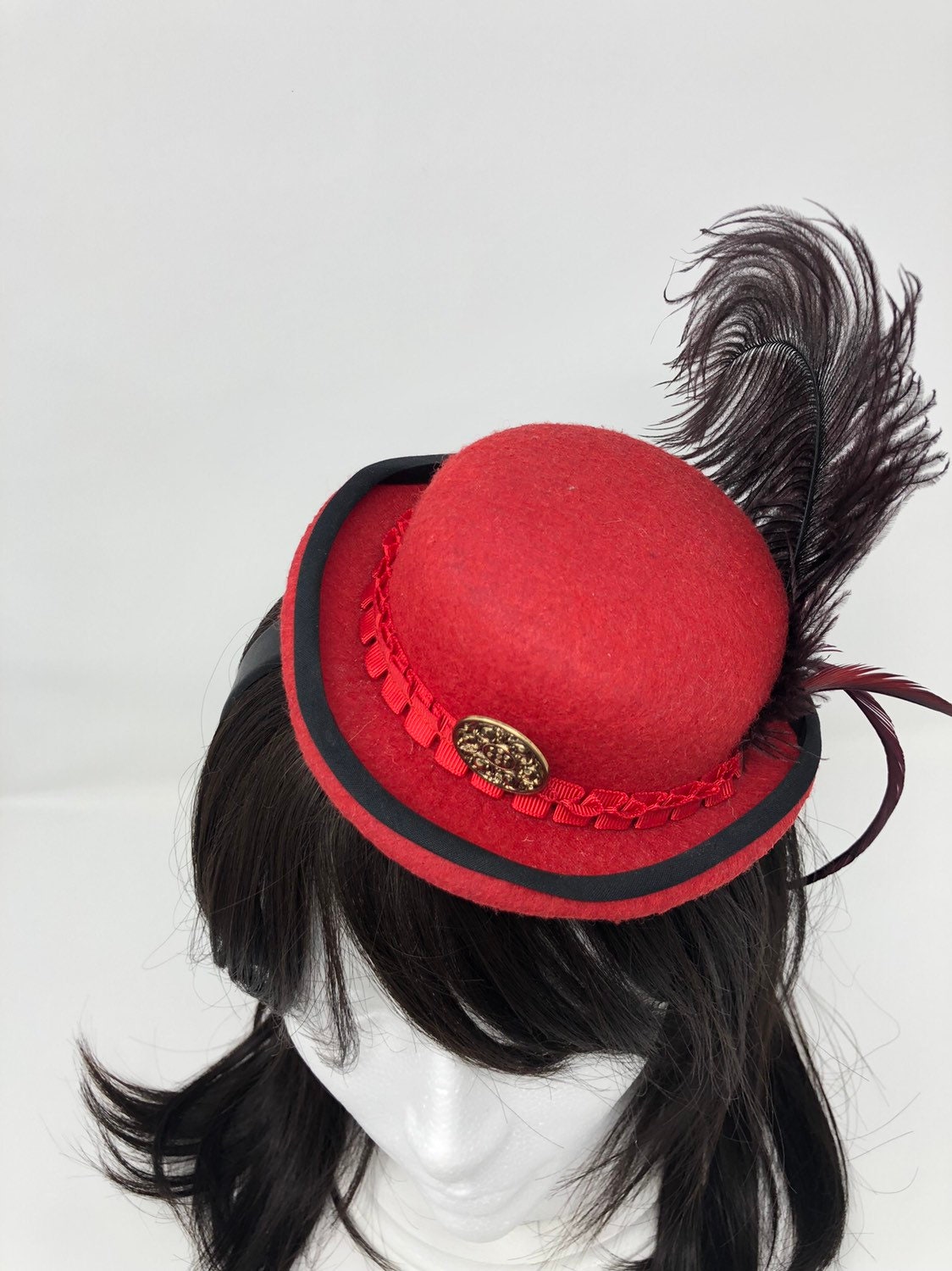 Red Mini Bowler Hat Fascinator With Feathers, Gold Button, Ribbon ...