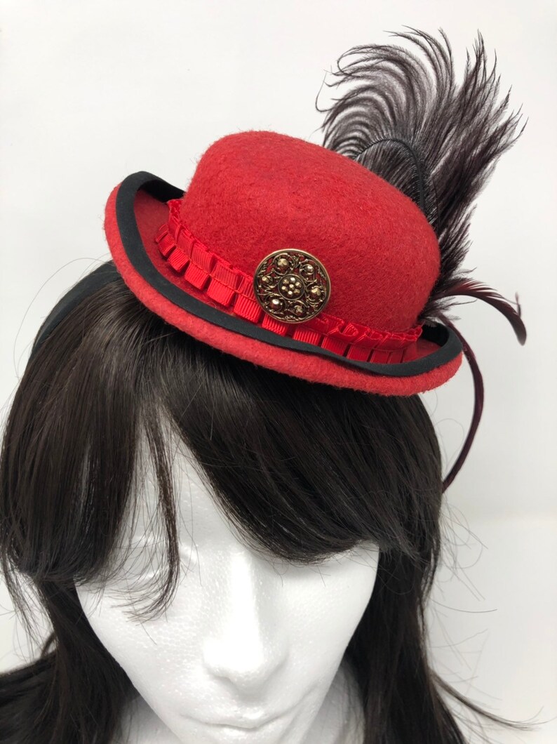 Red Mini Bowler Hat Fascinator With Feathers, Gold Button, Ribbon ...