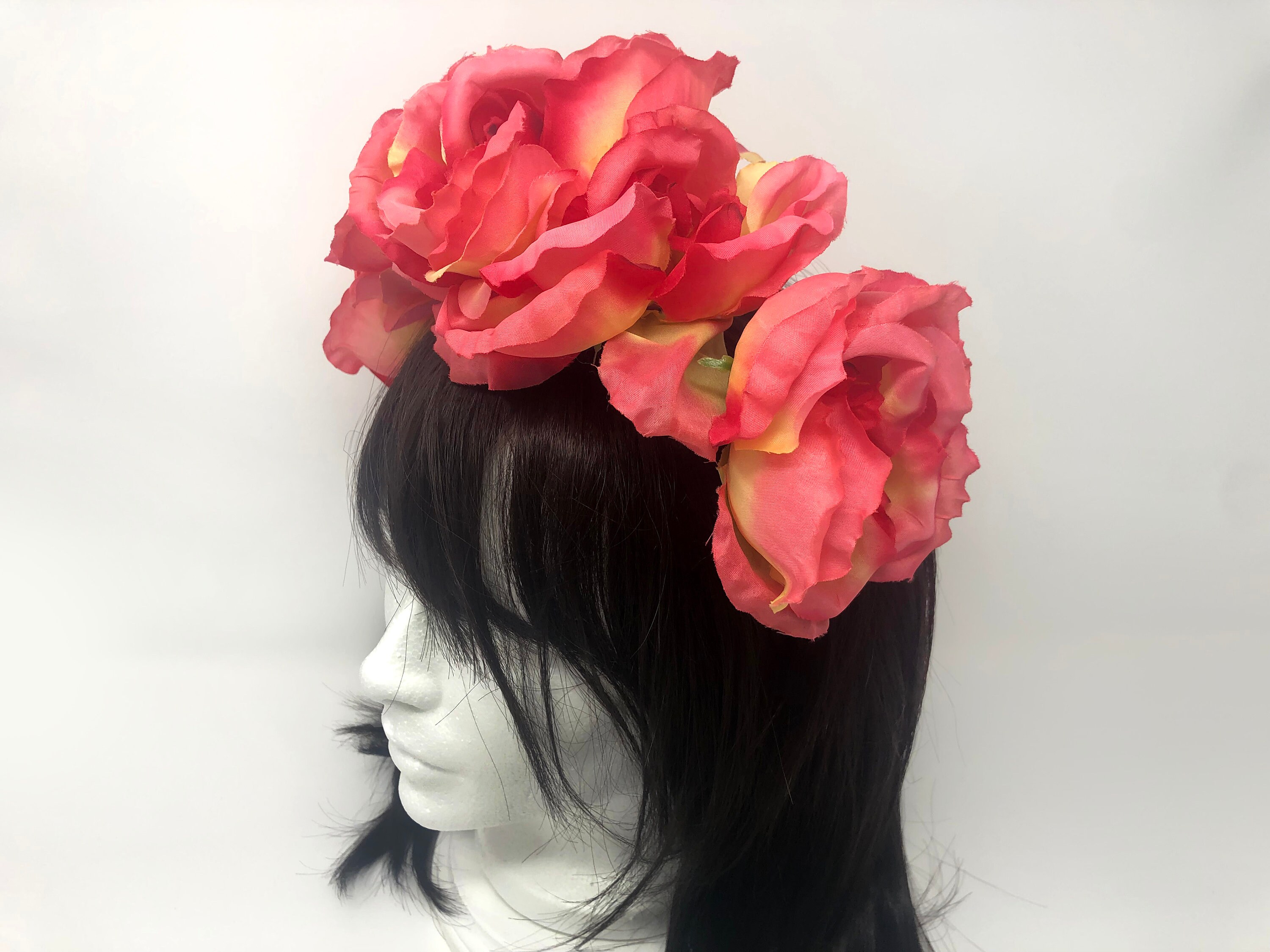 Large Pink Rose Flower Crown Satin-wrapped Headband - Etsy