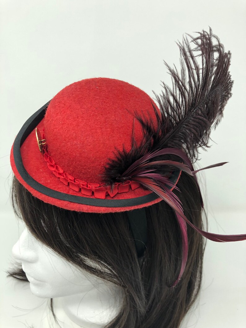 Red Mini Bowler Hat Fascinator With Feathers, Gold Button, Ribbon ...
