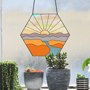 Hexagon Landscape Stained Glass Pattern & PNG, Modern Stained Glass ...