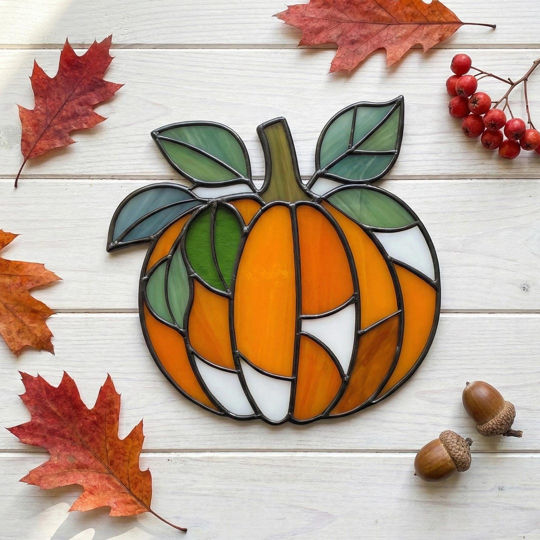 Leafy Pumpkin Stained Glass Pattern: Halloween Suncatcher Design (PDF ...