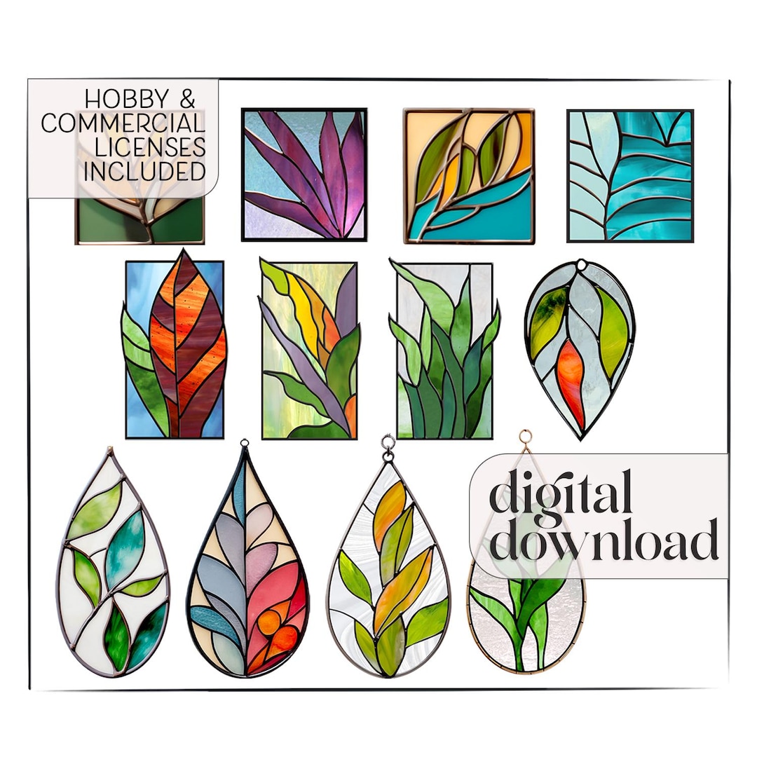 12 Modern Stained Glass Leaf Patterns Pack, Printable Patterns for Leaf Stained Glass, Digital ...