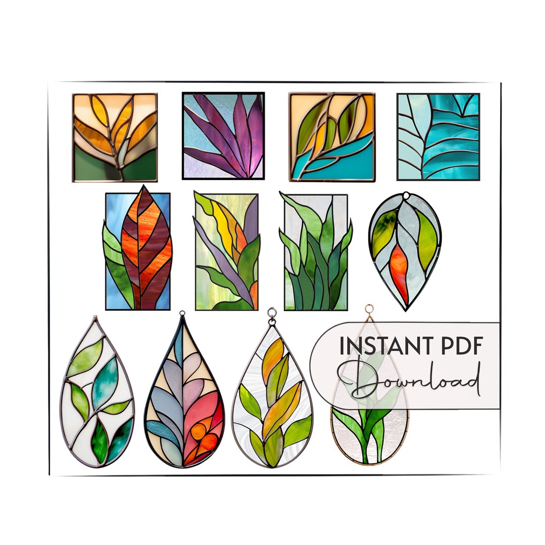 12 Modern Stained Glass Leaf Patterns Pack, Printable Patterns for Leaf ...