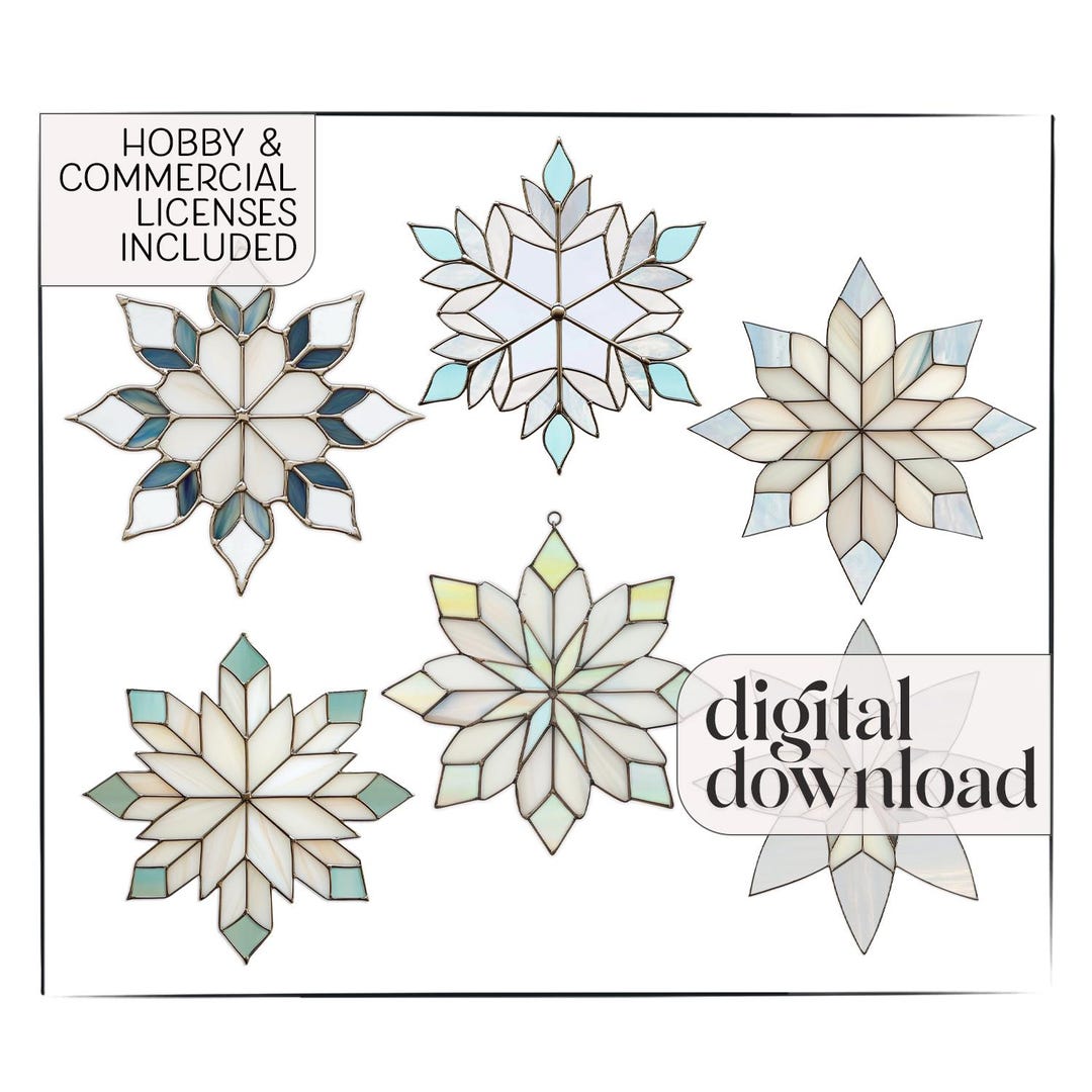 6 Stained Glass Snowflake Patterns: Modern Suncatcher Templates (PNG ...