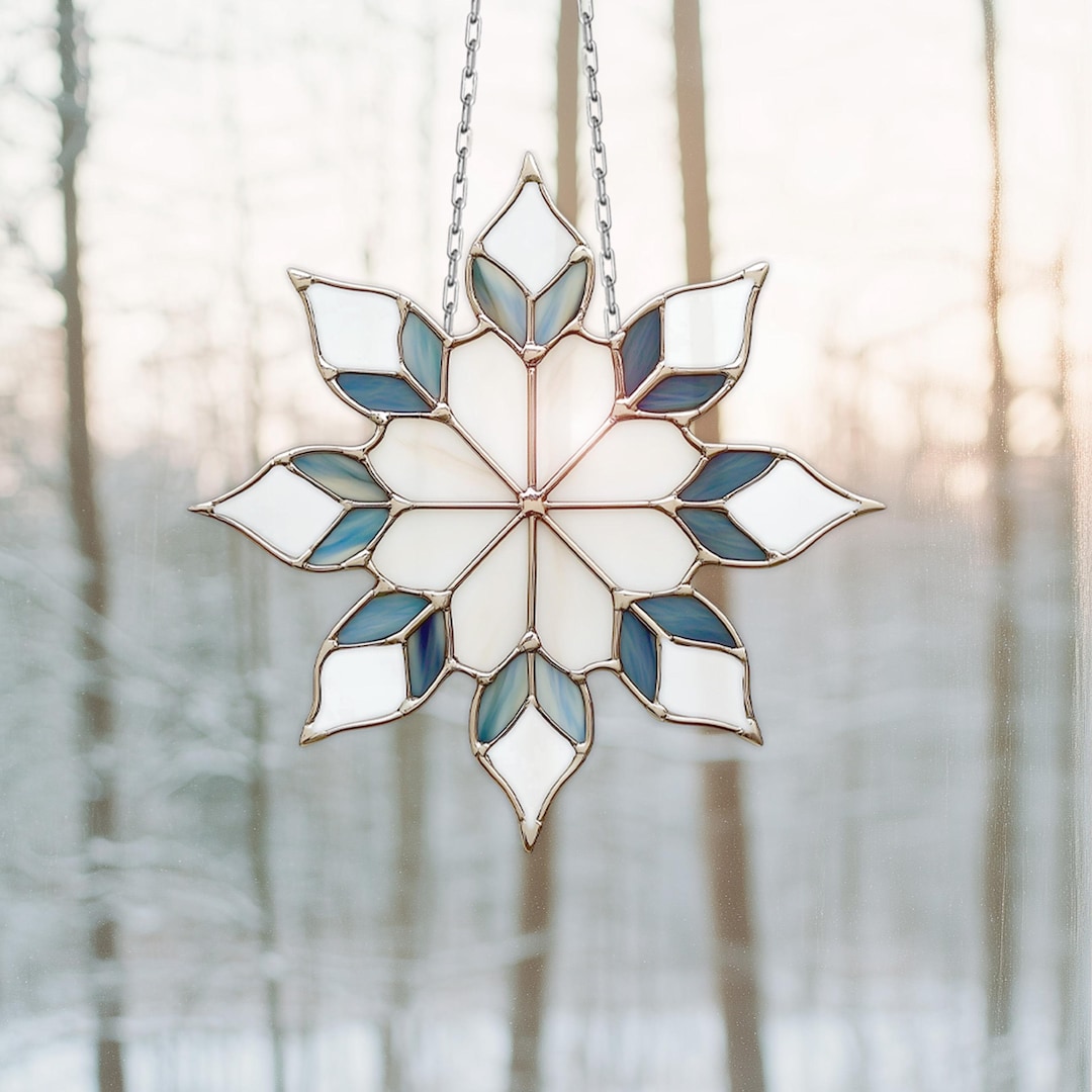 Snowflake Stained Glass Pattern: Modern Sun Catcher Template (PNG & PDF ...
