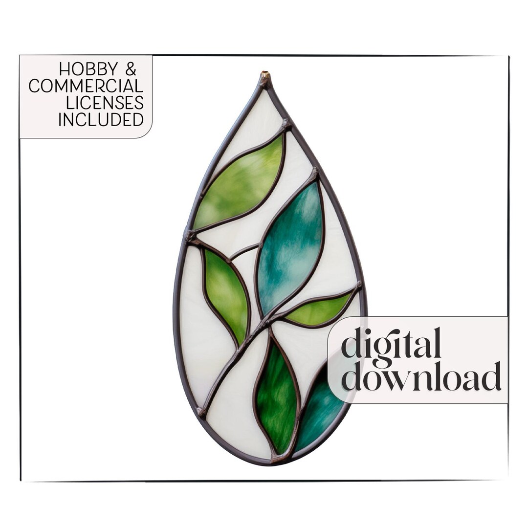 Modern Stained Glass Leaves Pattern, Printable Rain Drop Stained Glass ...