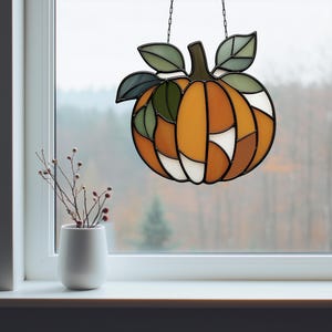 Leafy Pumpkin Stained Glass Pattern: Halloween Suncatcher Design (PDF ...