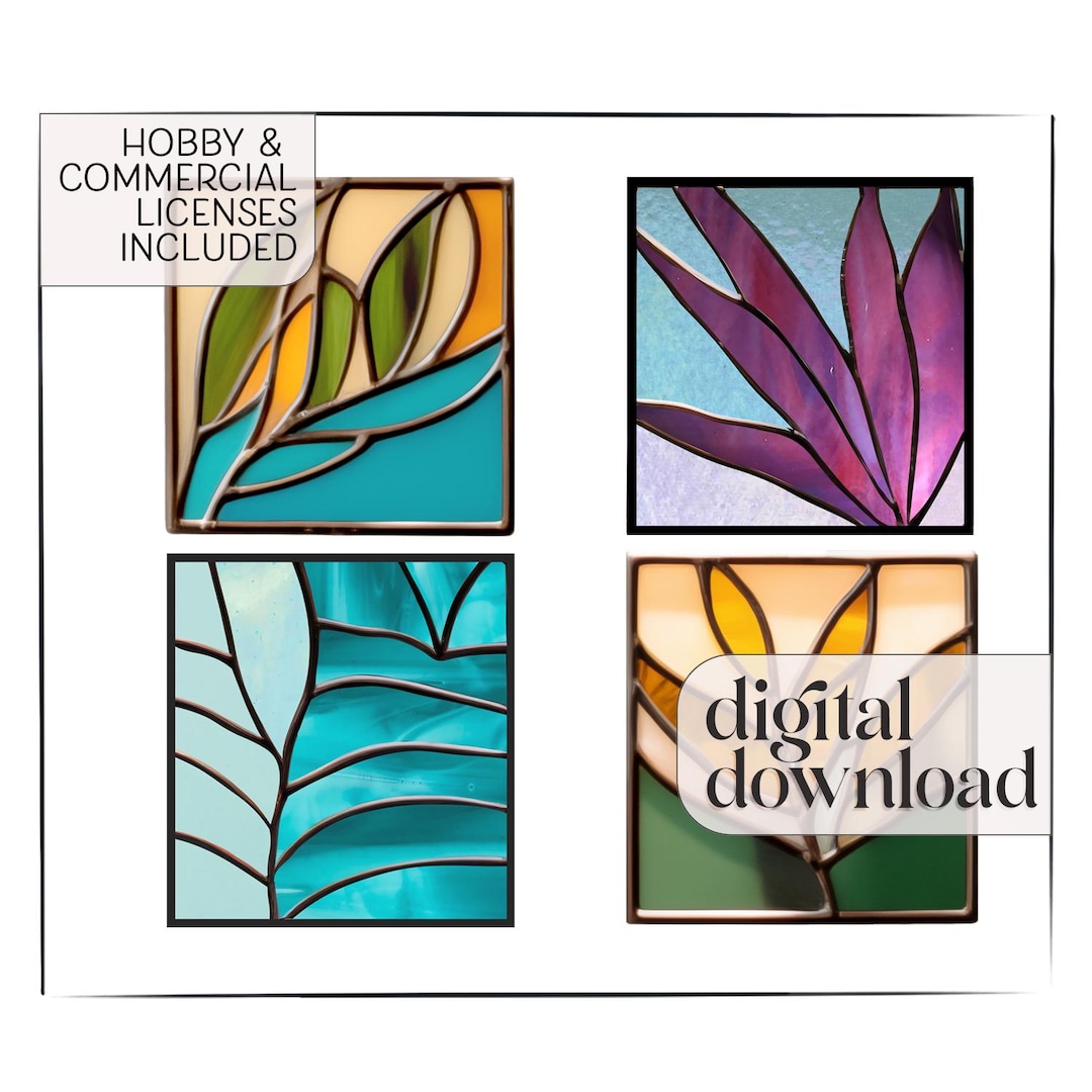 Modern Stained Glass Plant Patterns, 4 Printable Plant Stained Glass ...